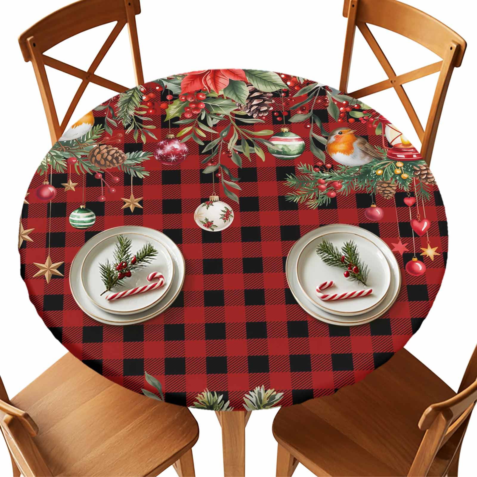 Christmas Round Tablecloth Poinsettia Floral Tablecloths with Elastic ...