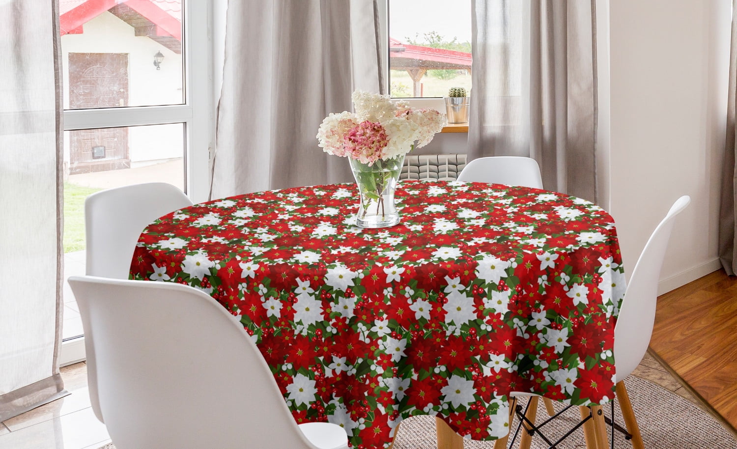 Christmas Round Tablecloth, Poinsettia Flower Holly and Mistletoe in ...