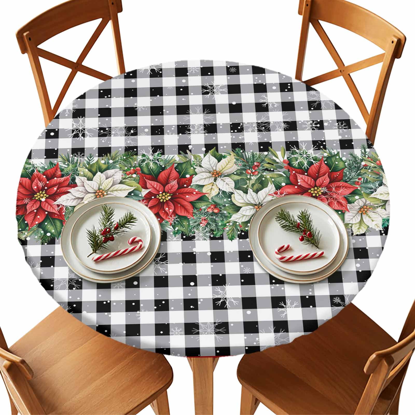 Christmas Round Tablecloth Poinsettia Flower Tablecloths with Elastic ...