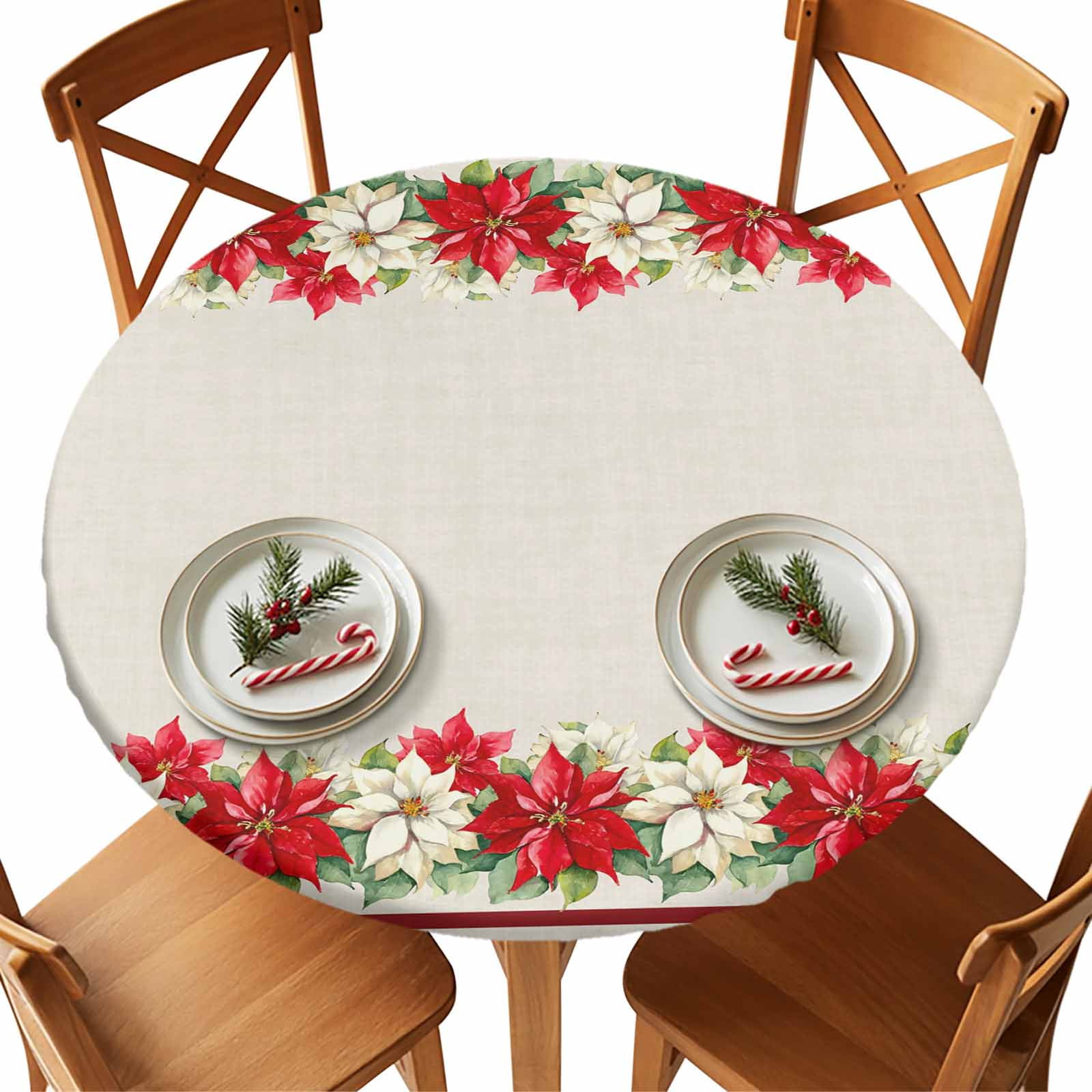 Christmas Round Tablecloth Poinsettia Flower Tablecloths with Elastic ...