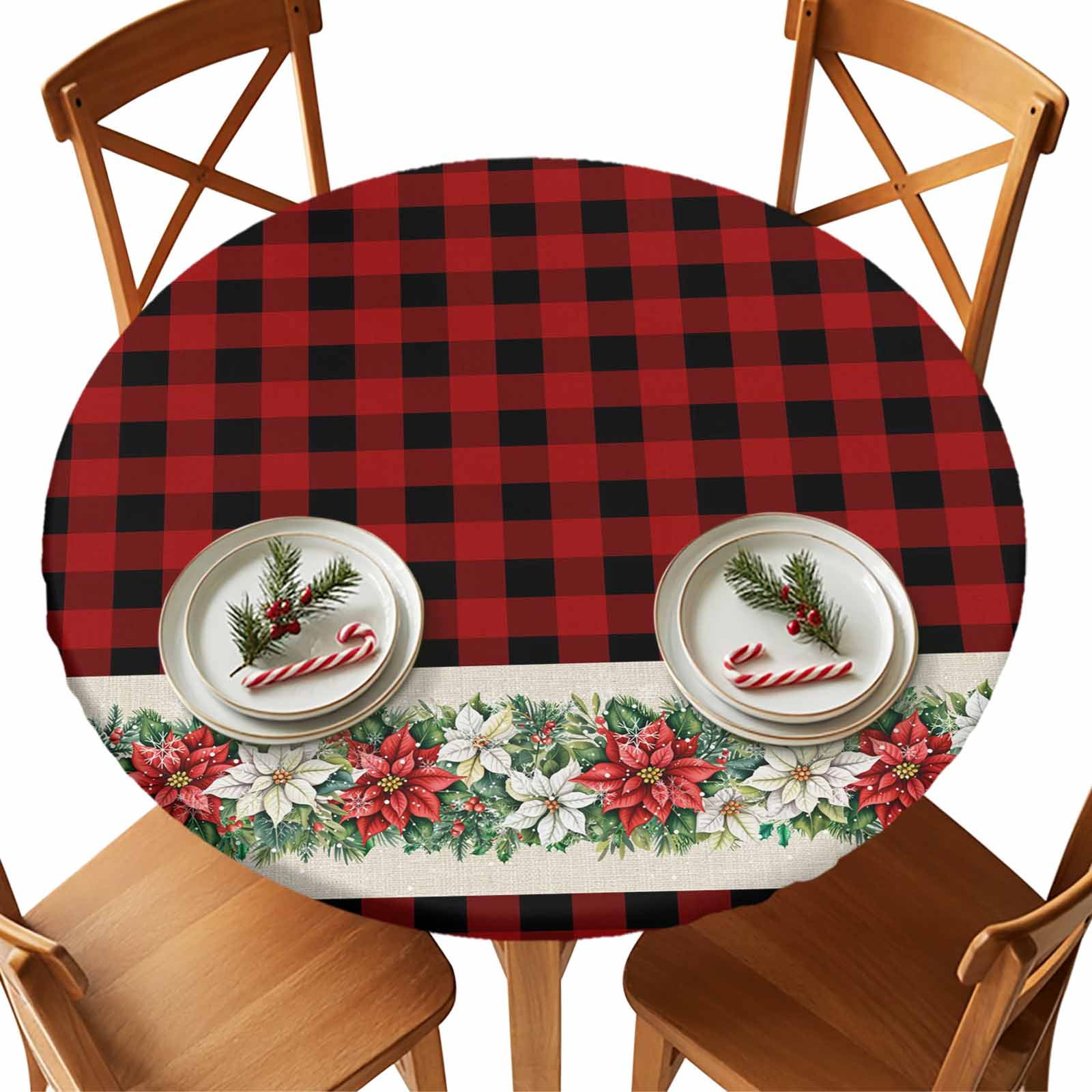 Christmas Round Tablecloth Poinsettia Holly Berry Tablecloths with ...