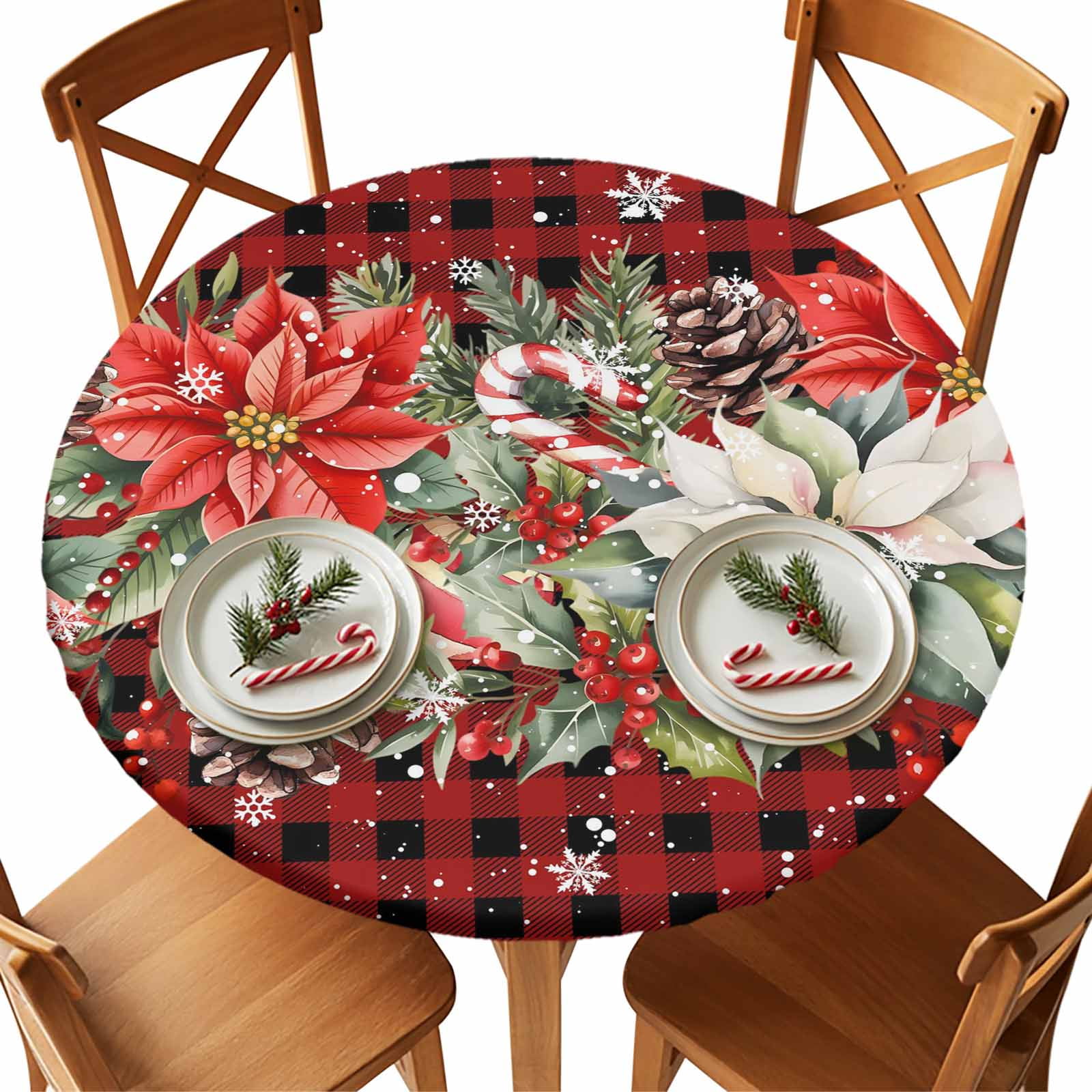 Christmas Round Tablecloth Poinsettia Tablecloths Elastic Edge Fitted ...