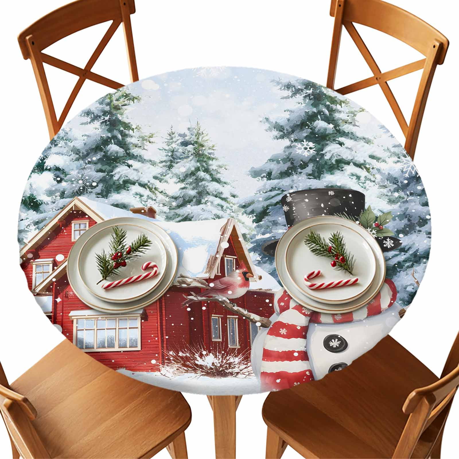 Christmas Round Tablecloth Red Barn Snowman Tablecloths with Elastic ...