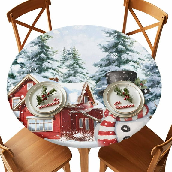 Christmas Round Tablecloth Red Barn Snowman Tablecloths with Elastic ...