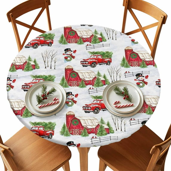 Christmas Round Tablecloth Red Barn Truck Snowman Tablecloths with ...
