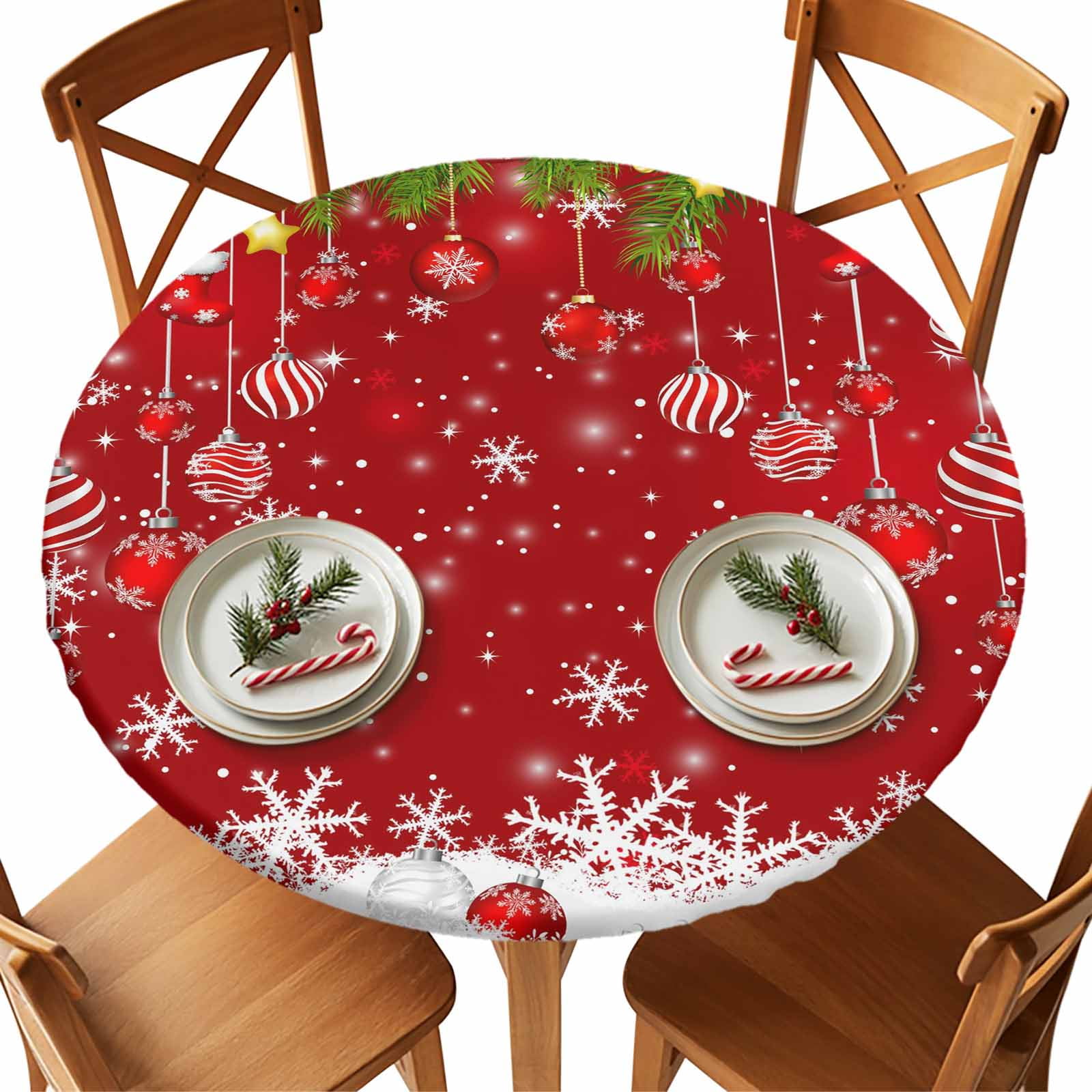 Christmas Round Tablecloth Red Christmas Balls Tablecloths with Elastic ...