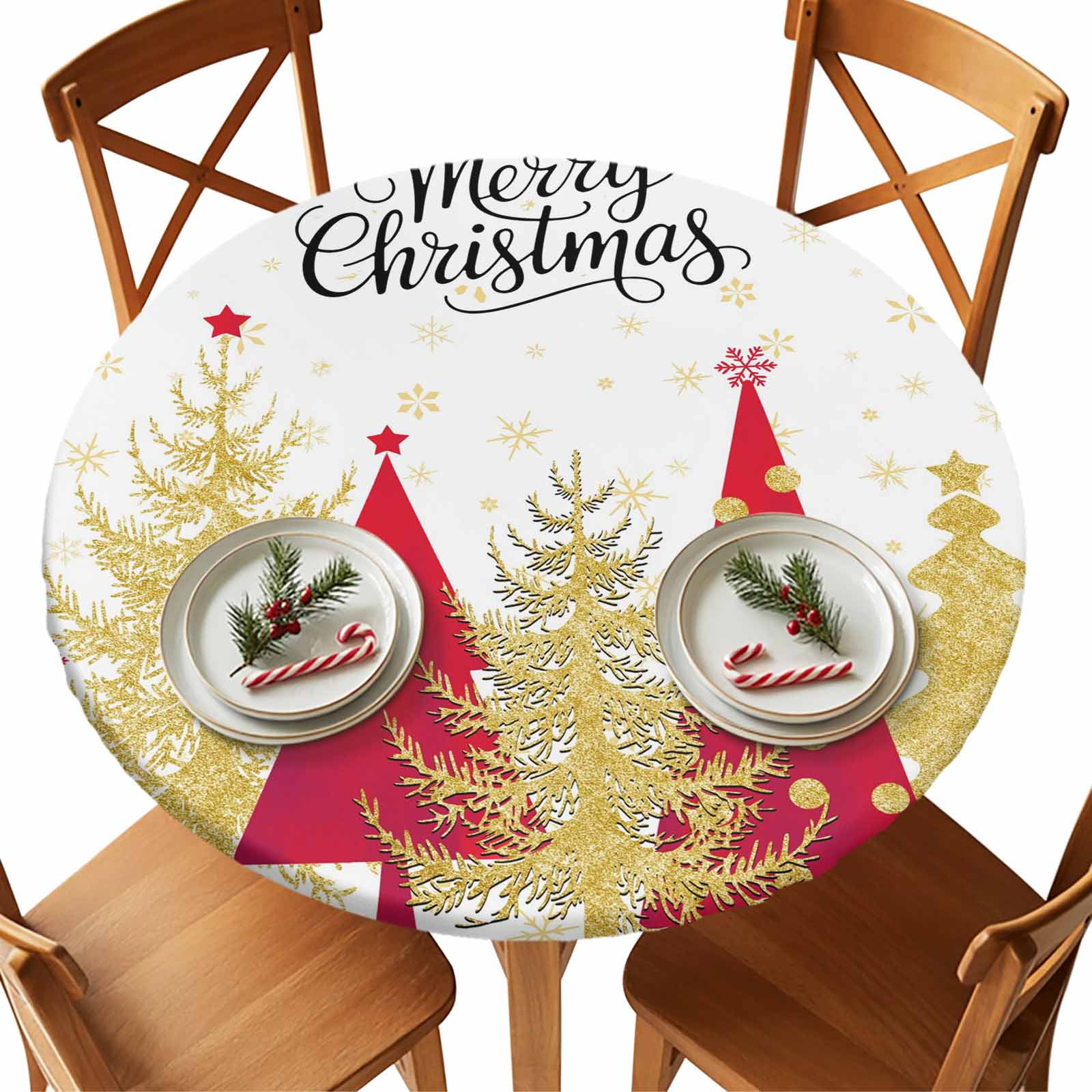 Christmas Round Tablecloth Red Golden Xmas Tree Tablecloths with ...