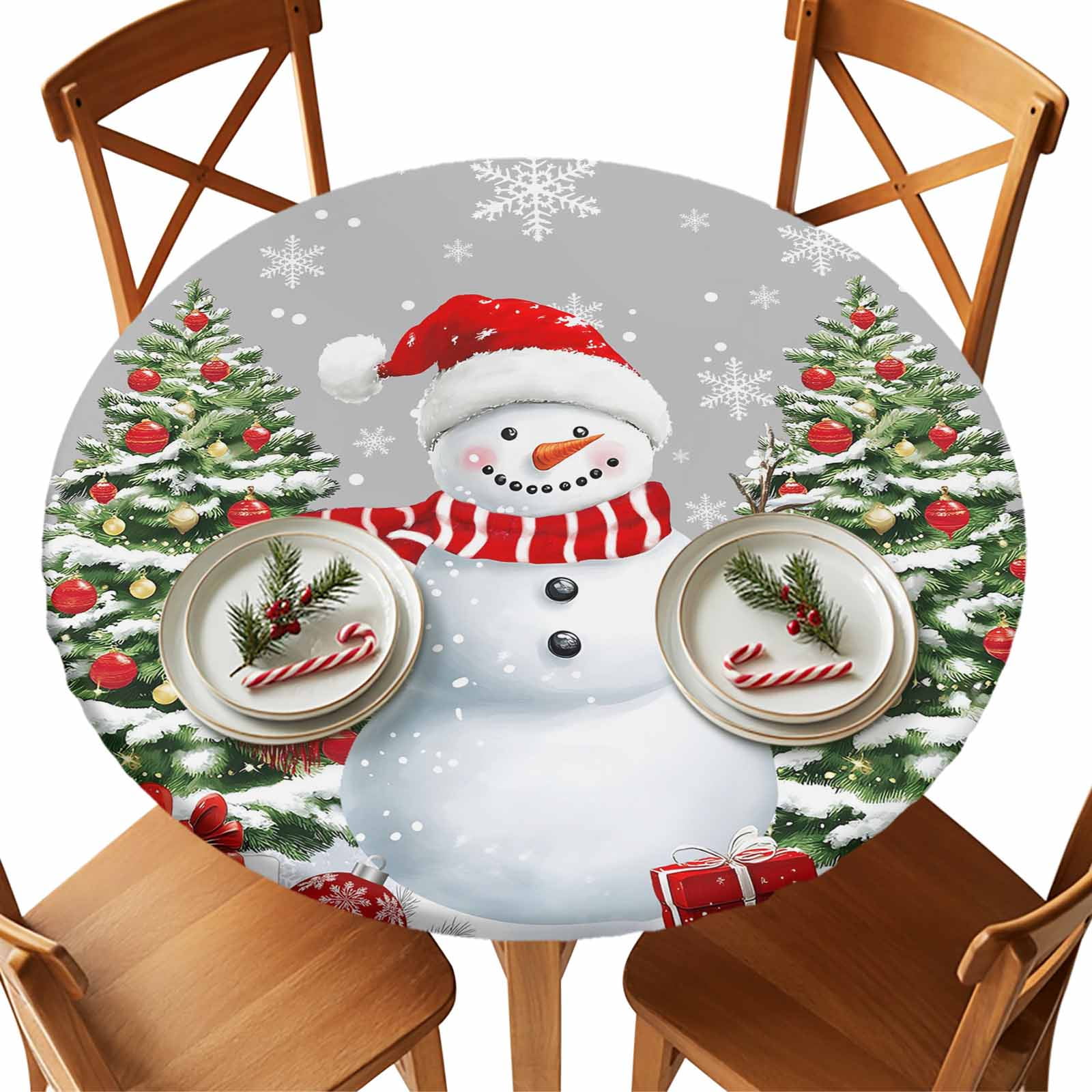Christmas Round Tablecloth Red Hat Scarf Snowman Tablecloths with ...