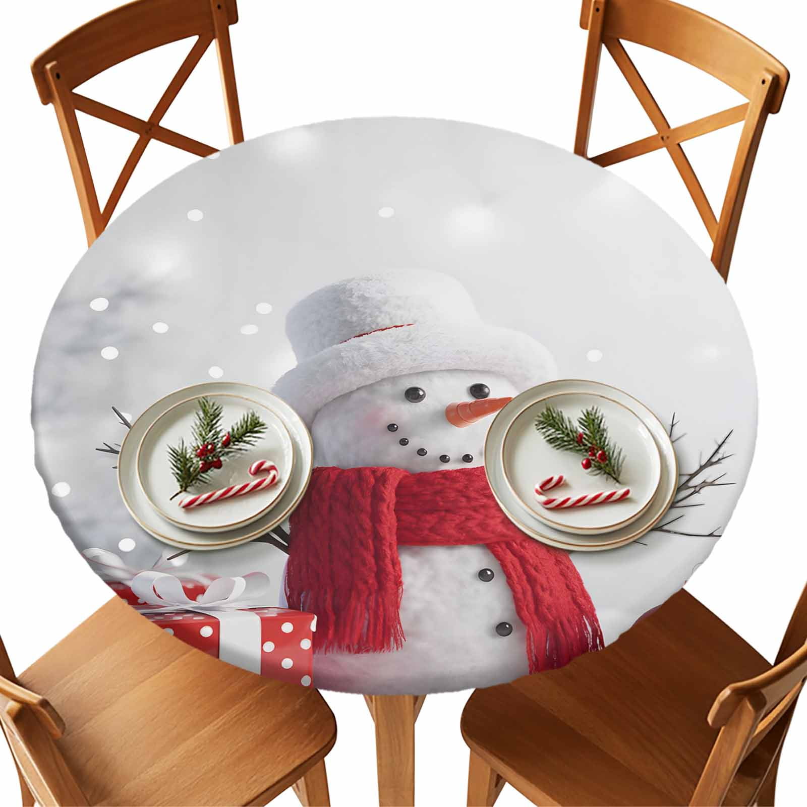 Christmas Round Tablecloth Red Scarf Snowman Tablecloths with Elastic ...