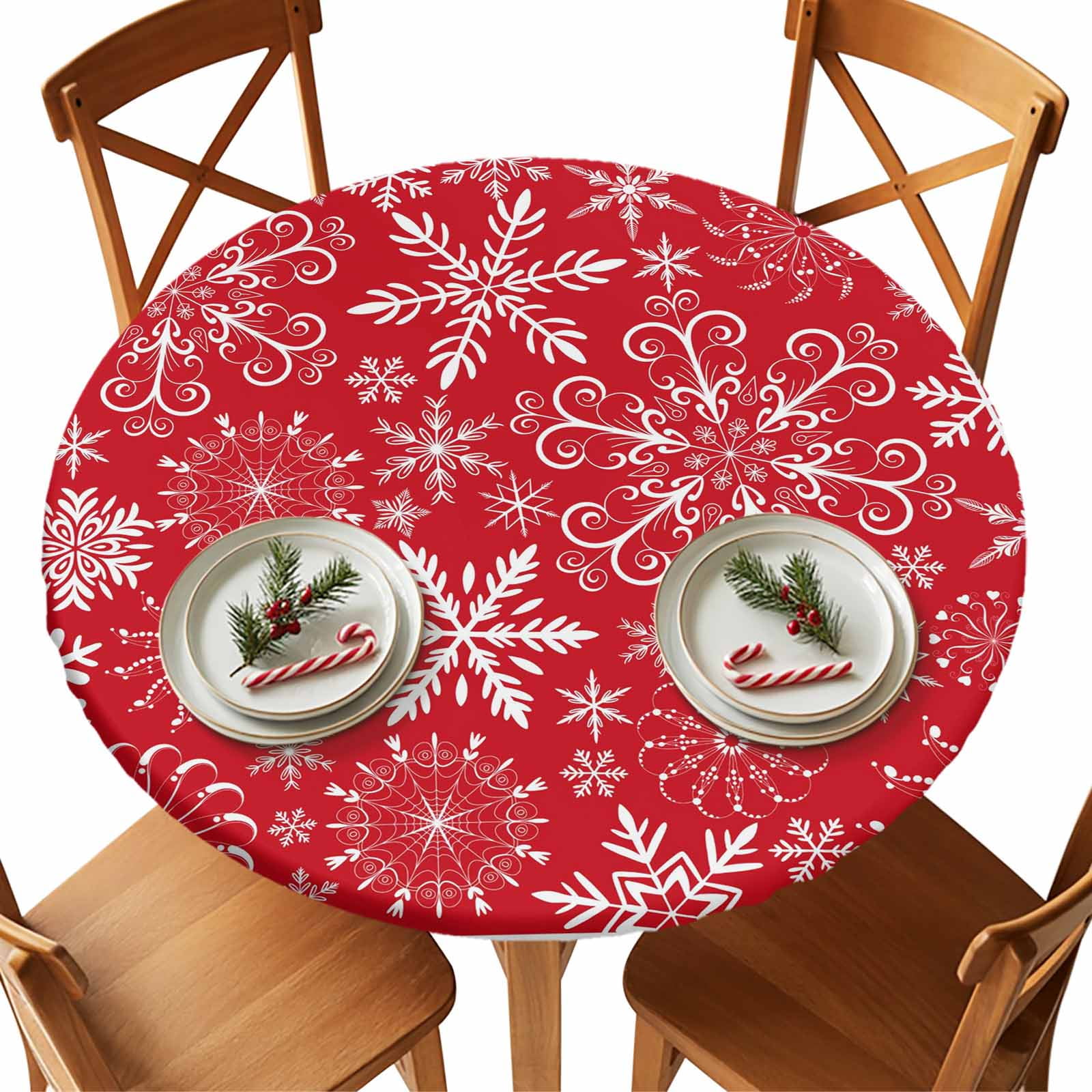 Christmas Round Tablecloth Red Snowflake Tablecloths with Elastic Edge ...