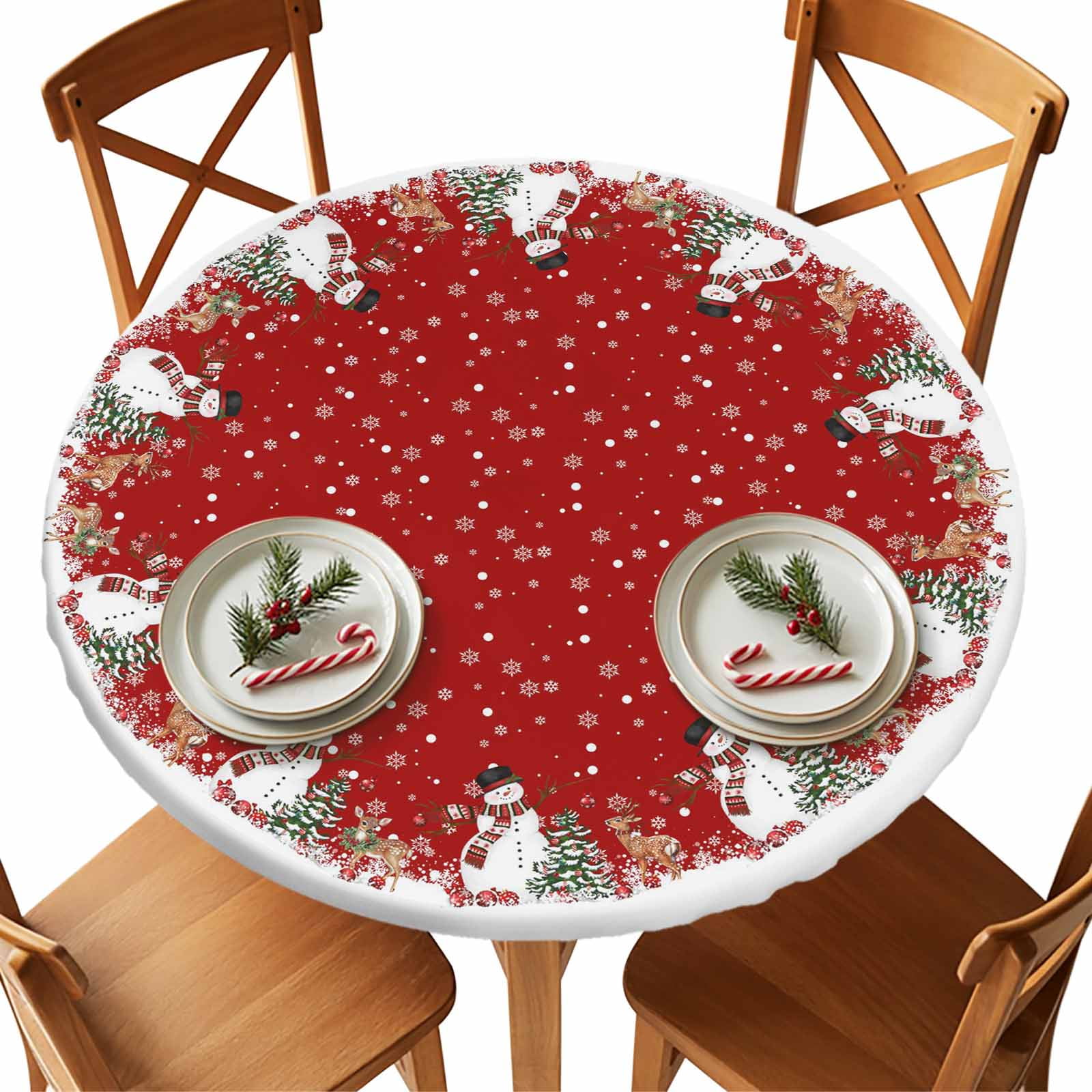 Christmas Round Tablecloth Red Snowman Deer Tablecloths with Elastic ...