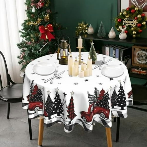 Christmas Round Tablecloth Red Truck Christmas Tablecloth 60 Inch ...