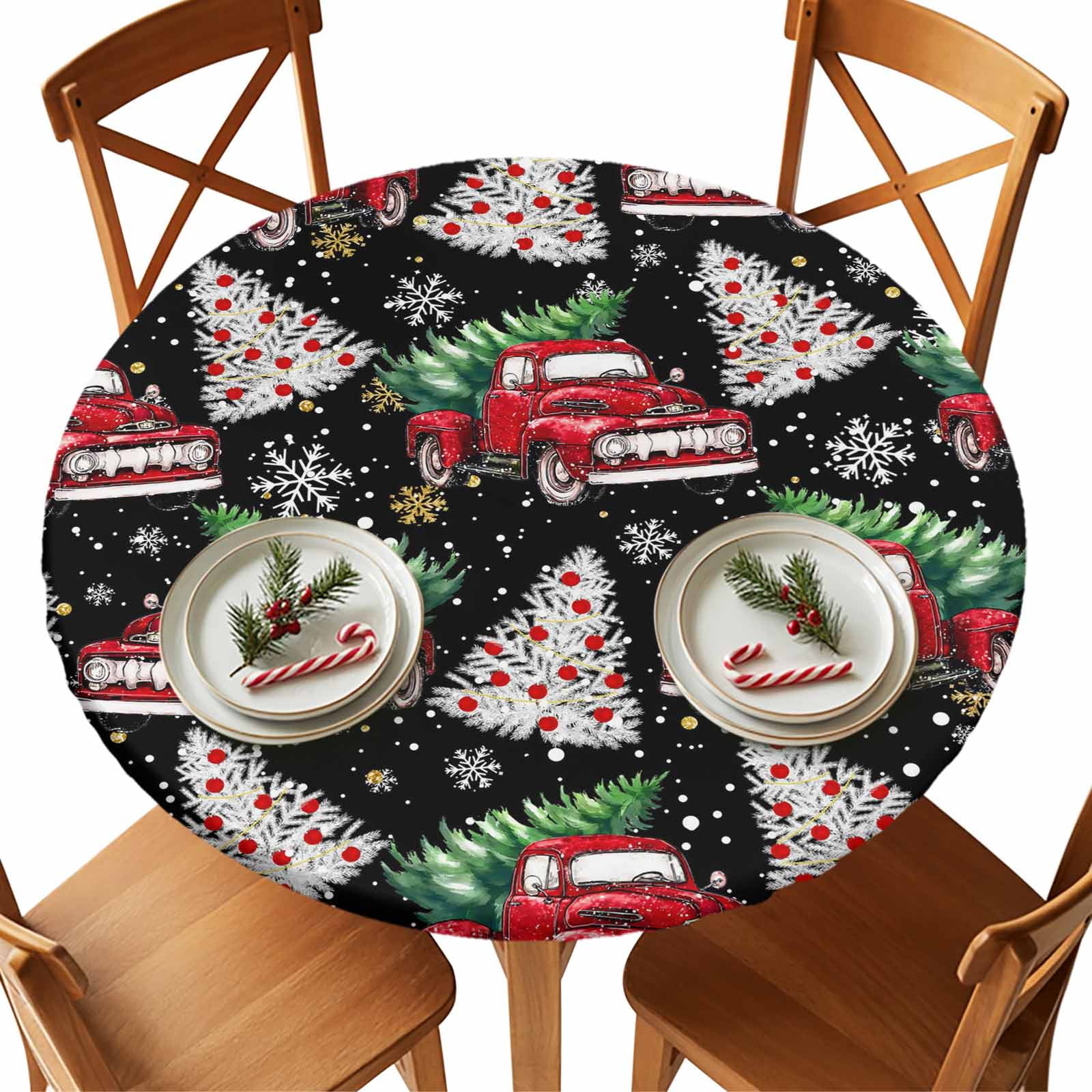 Christmas Round Tablecloth Red Truck Christmas Tree Tablecloths with ...