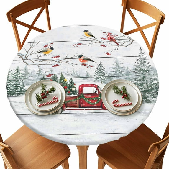Christmas Round Tablecloth Red Truck Pine Tree Forest Tablecloths with ...