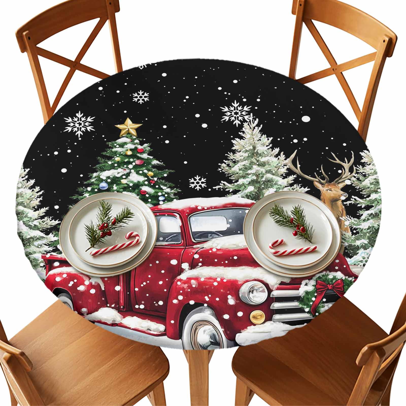Christmas Round Tablecloth Red Truck Pine Tree Forest Tablecloths with ...