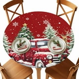 Christmas Round Tablecloth Red Truck Pine Tree Forest Tablecloths with ...