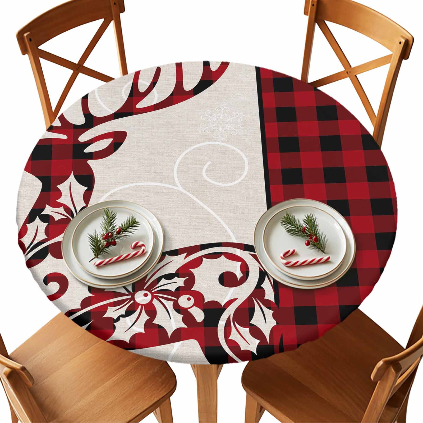Christmas Round Tablecloth Reindeer Tablecloths with Elastic Edge ...