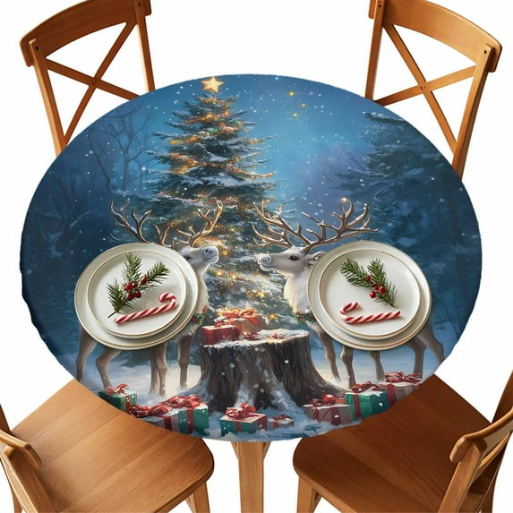 Christmas Round Tablecloth Reindeer Xmas Tree Tablecloths with Elastic ...