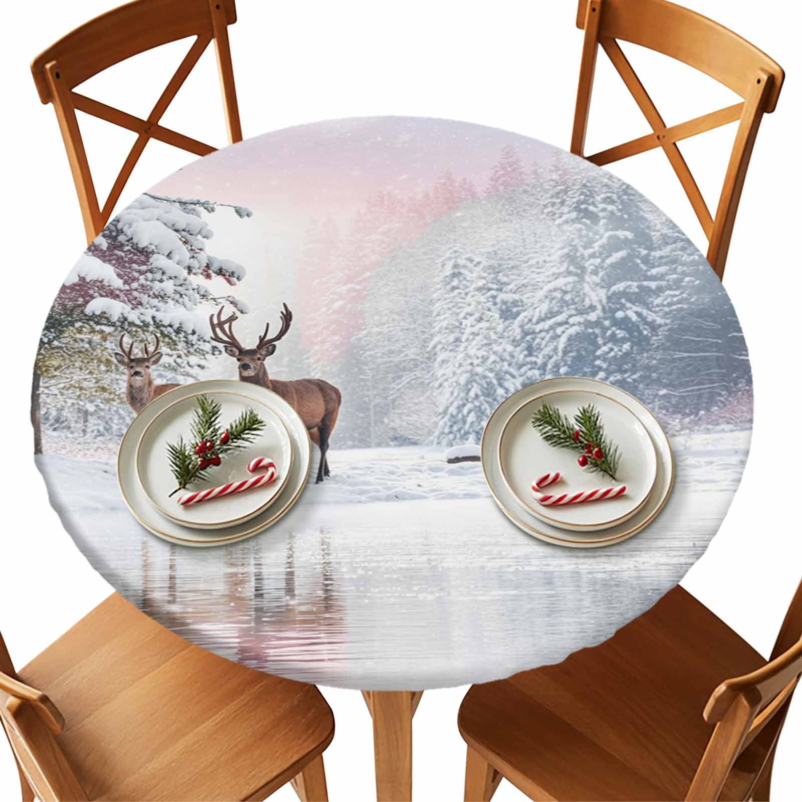 Christmas Round Tablecloth Reindeer Xmas Tree Tablecloths with Elastic Edge Fitted Snowy Winter ...