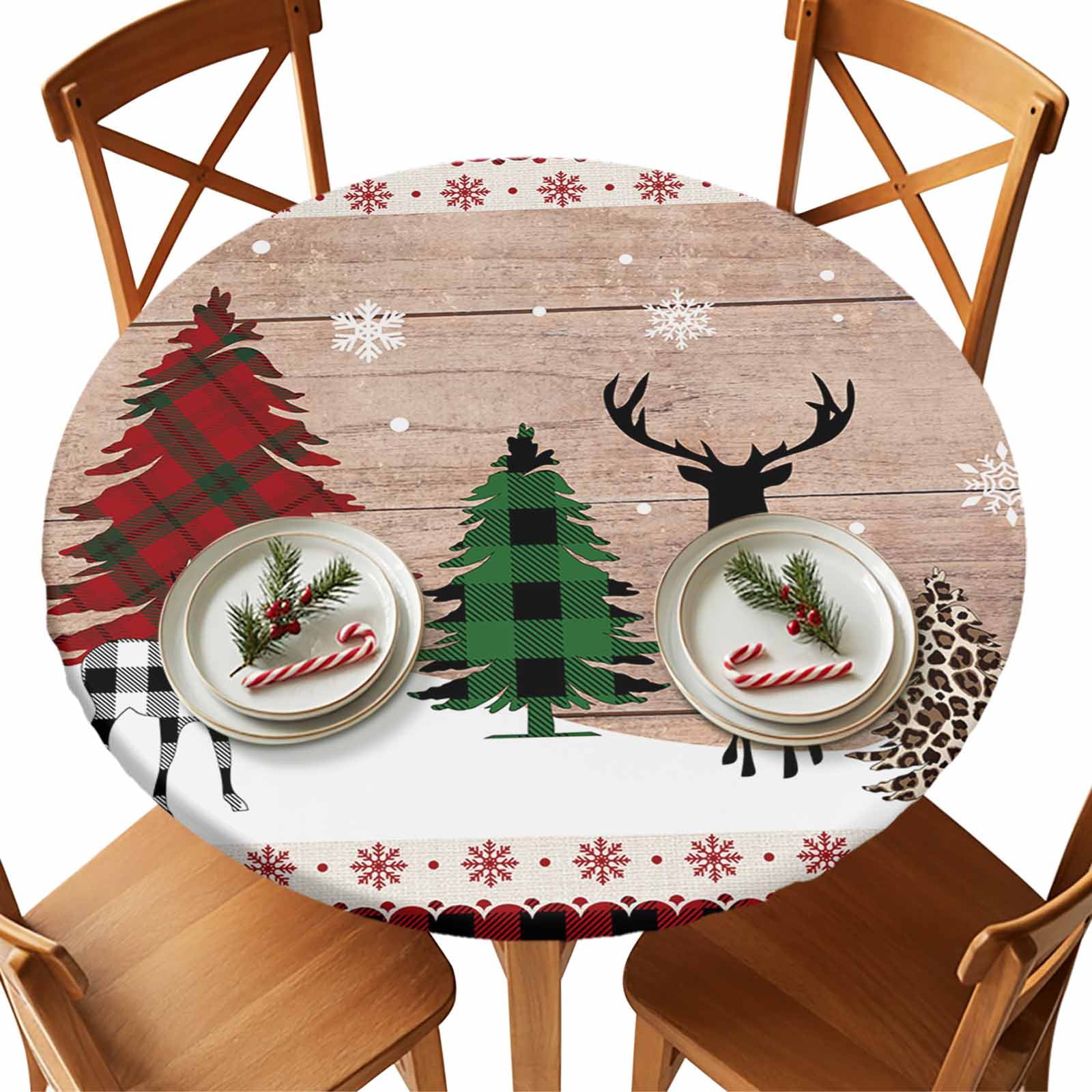 Christmas Round Tablecloth Reindeer Xmas Trees Tablecloths with Elastic ...