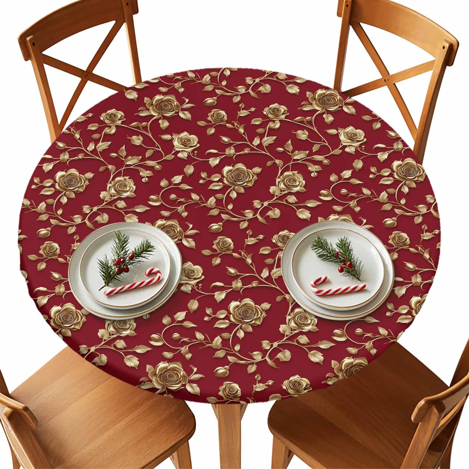 Christmas Round Tablecloth Rose Leaf Tablecloths with Elastic Edge ...