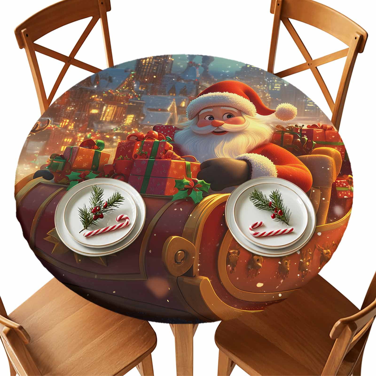 Christmas Round Tablecloth Santa Claus Sleigh Reindeer Tablecloths with ...