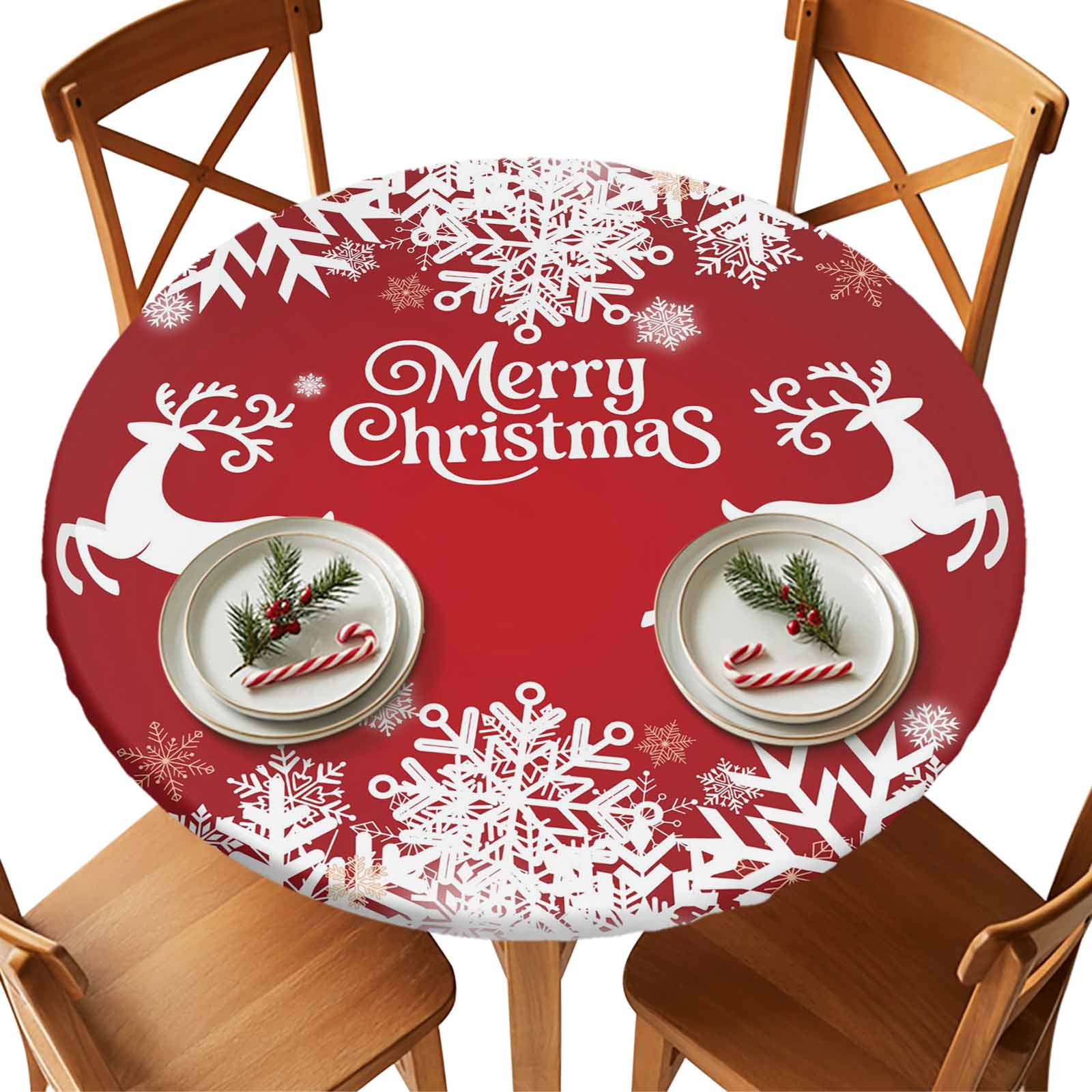 Christmas Round Tablecloth Snowflake Deer Tablecloths with Elastic Edge ...