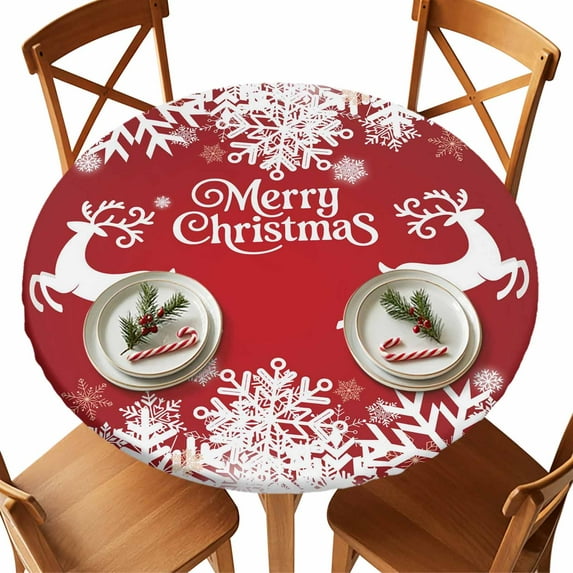 Christmas Round Tablecloth Snowflake Deer Tablecloths with Elastic Edge ...
