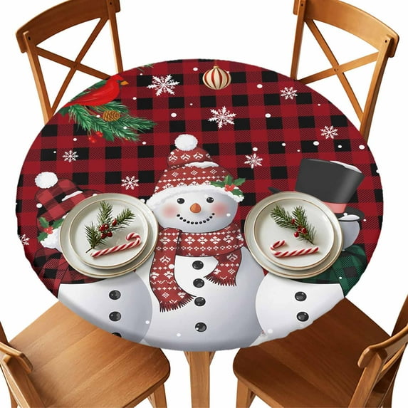 Christmas Round Tablecloth Snowman Cardinal Bird Tablecloths Elastic ...