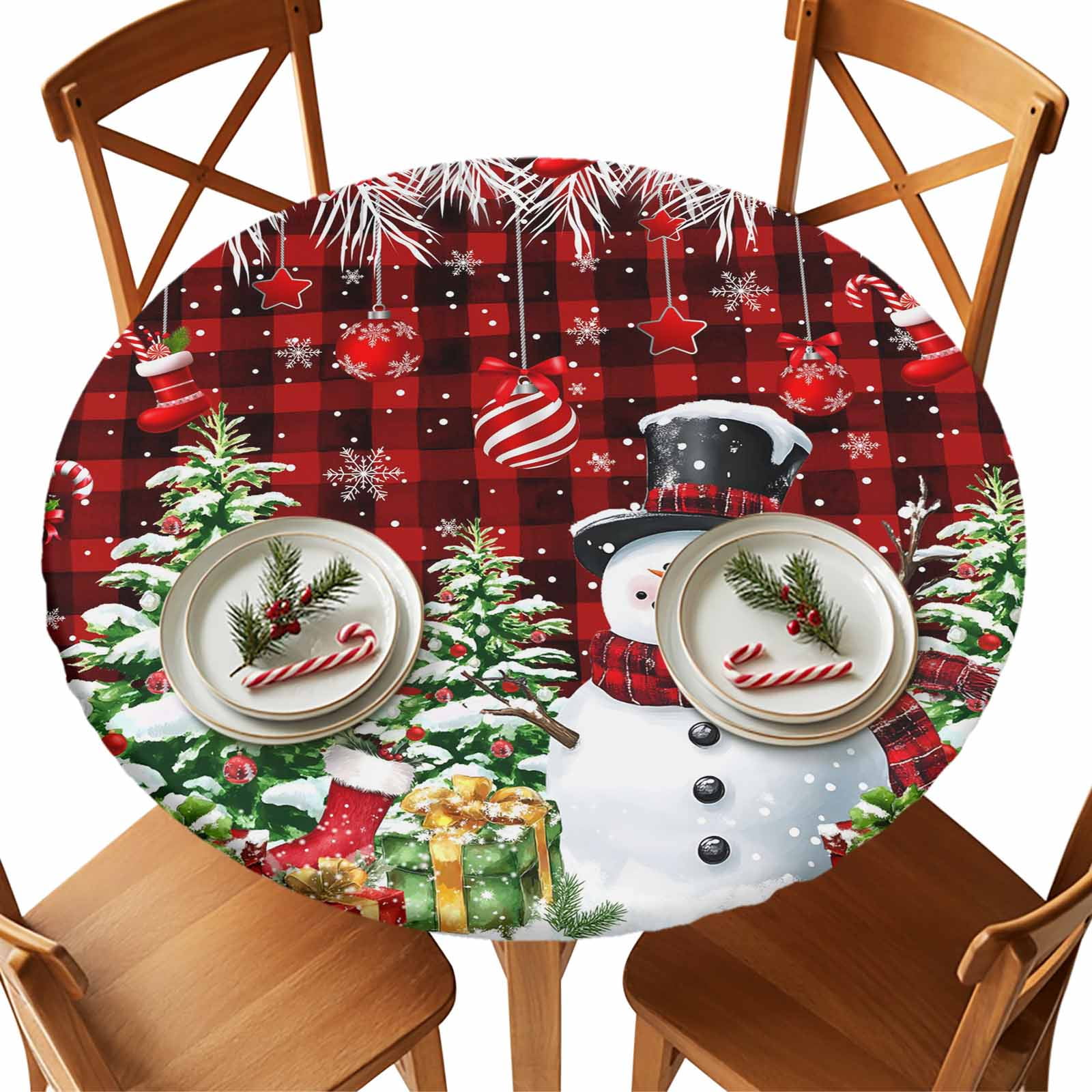 Christmas Round Tablecloth Snowman Christmas Tree Balls Tablecloths ...