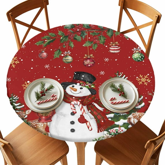 Christmas Round Tablecloth Snowman Deer Tablecloths with Elastic Edge ...