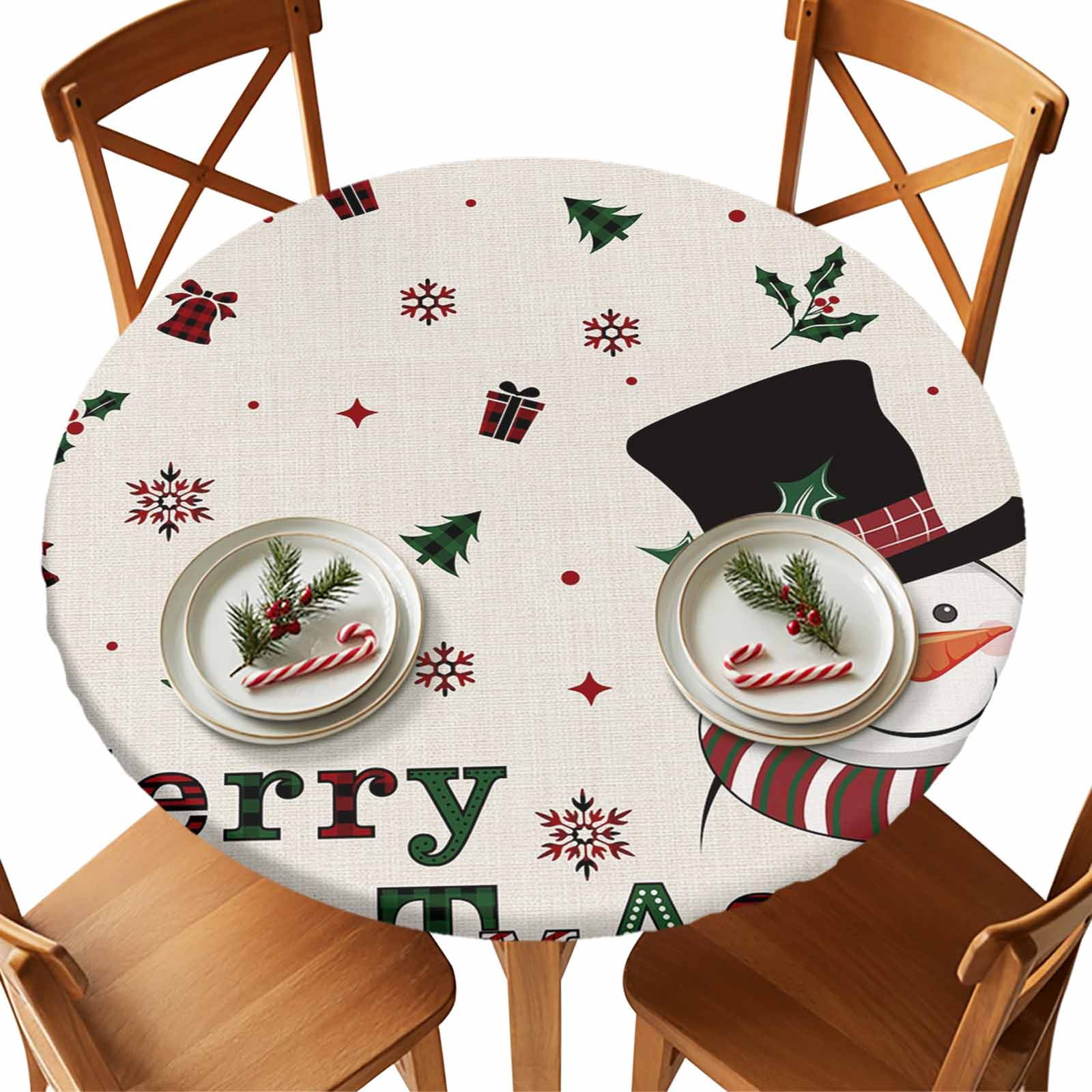 Christmas Round Tablecloth Snowman Pine Tree Berry Tablecloths with ...