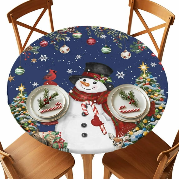 Christmas Round Tablecloth Snowman Pine Tree Tablecloths Elastic Edge ...