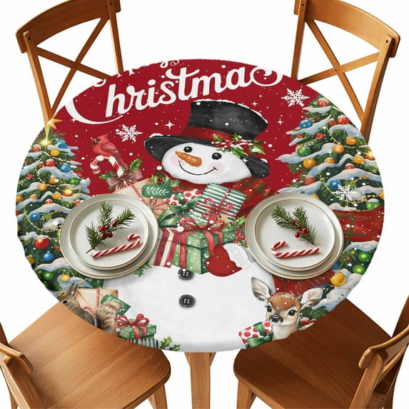 Christmas Round Tablecloth Snowman Tablecloths with Elastic Edge Fitted ...
