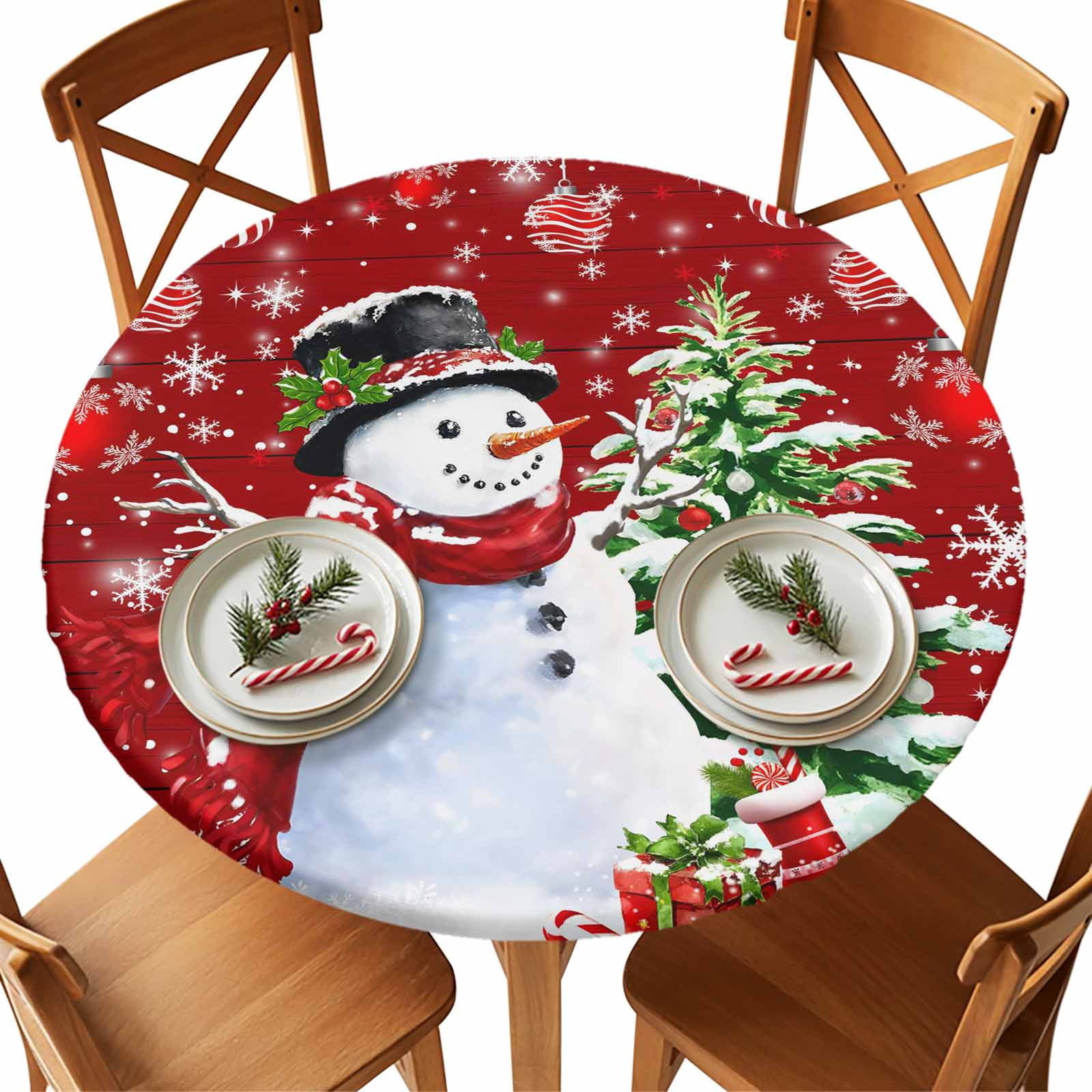 Christmas Round Tablecloth Snowman Tablecloths with Elastic Edge Fitted ...
