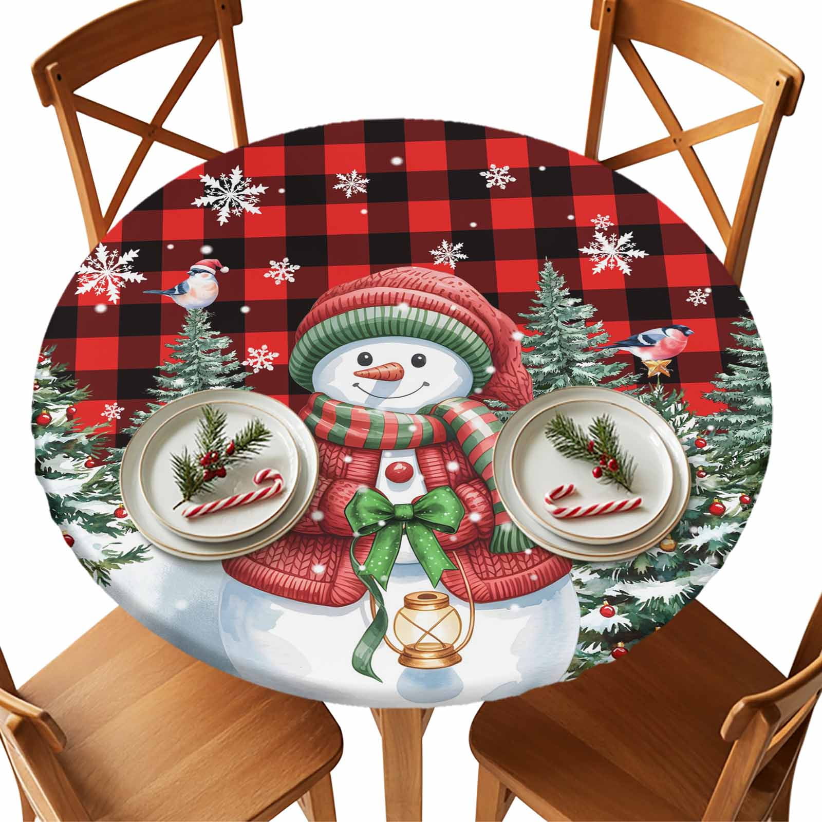 Christmas Round Tablecloth Snowman Xmas Trees Tablecloths with Elastic ...