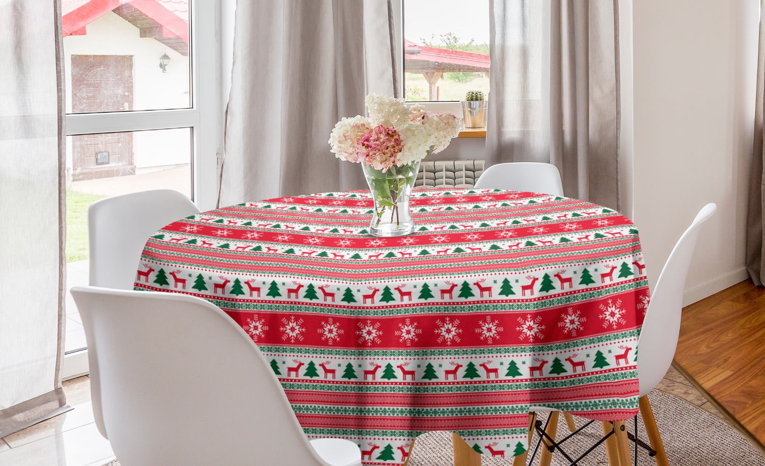 Christmas Round Tablecloth, Traditional Reindeer Xmas Tree Snowflake ...