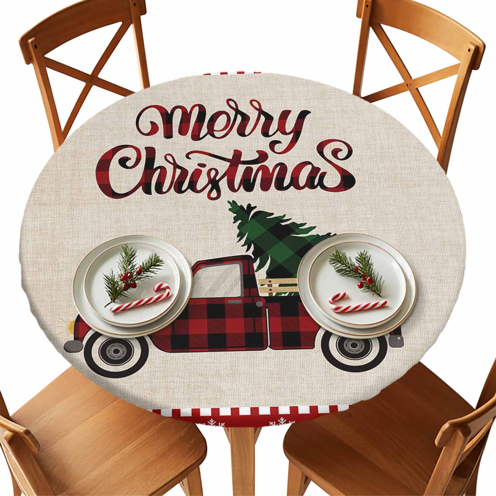Christmas Round Tablecloth Xmas Buffalo Plaid Truck Tablecloths with ...