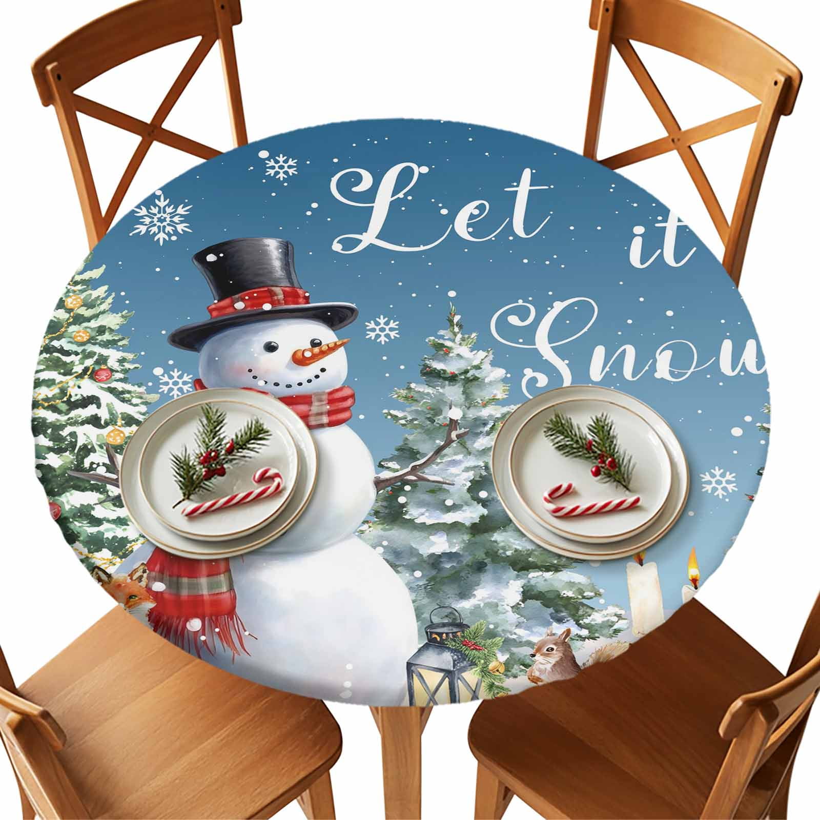 Christmas Round Tablecloth Xmas Tree Snowman Tablecloths with Elastic Edge Fitted Snowflake Sky ...
