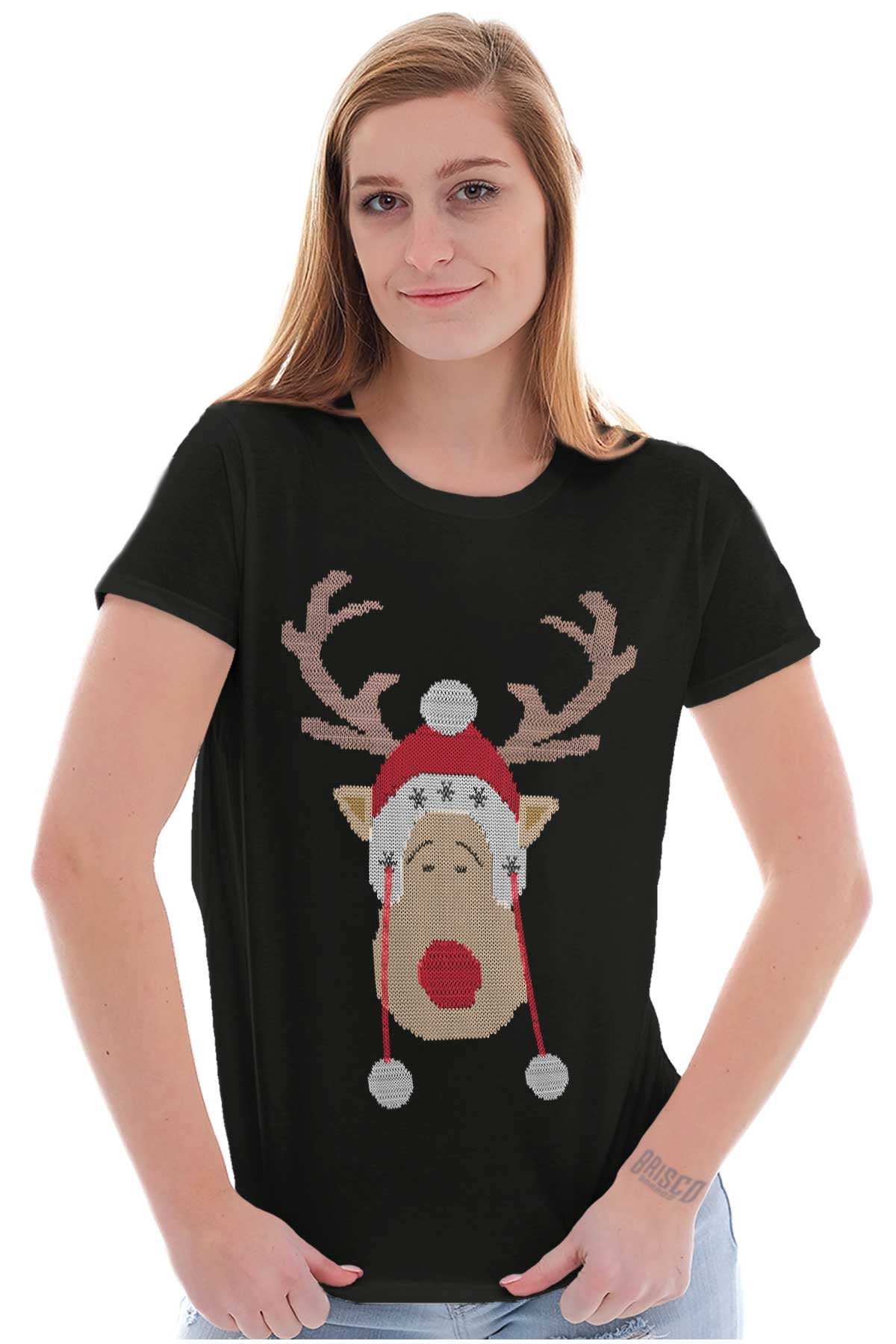 Christmas Rudolph Reindeer Stitch Womens Slim Fit Graphic Tee Brisco ...
