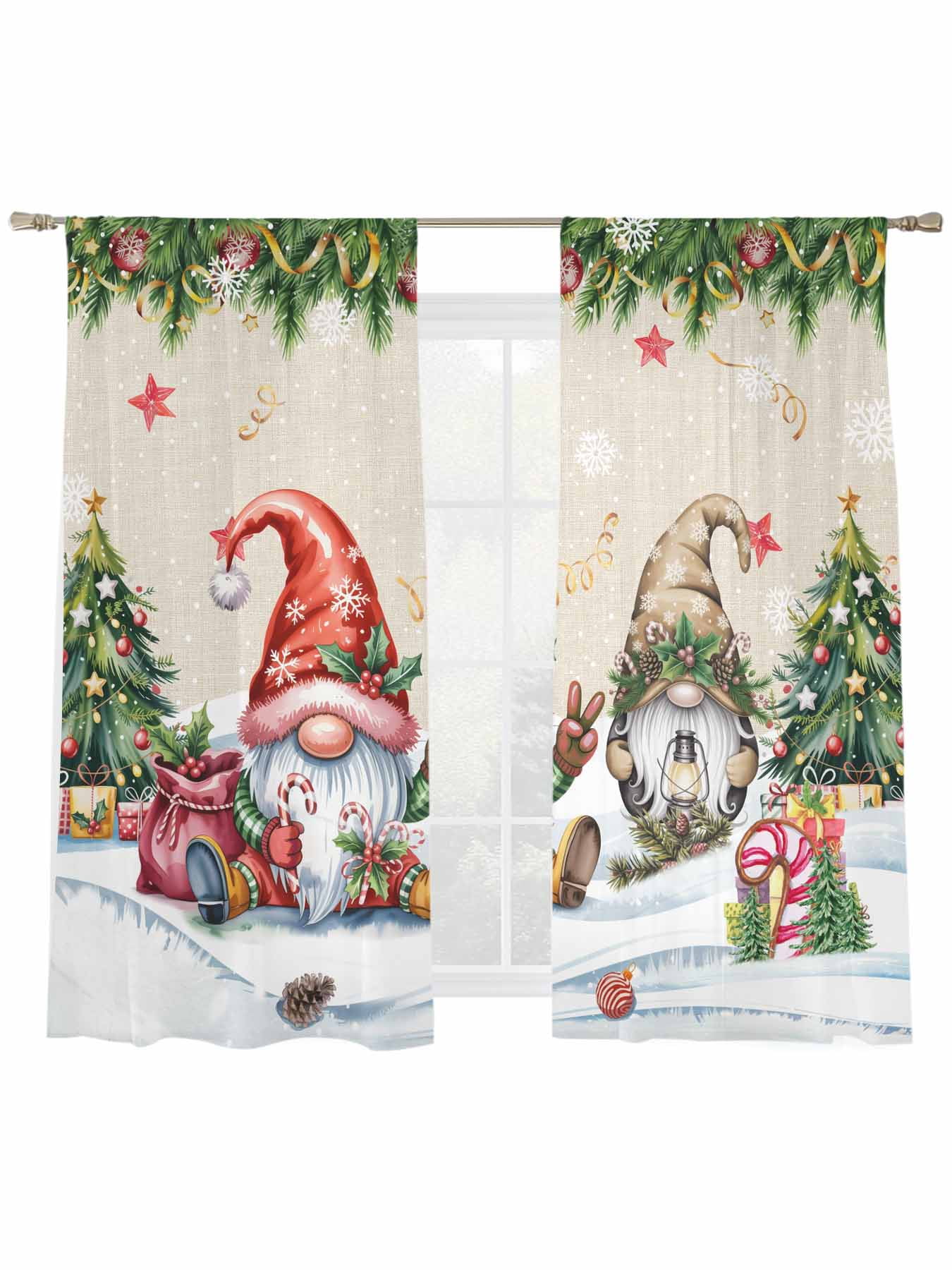 Christmas Rustic Gnomes Sheer Curtains 63 inches Long, Xmas Tree ...