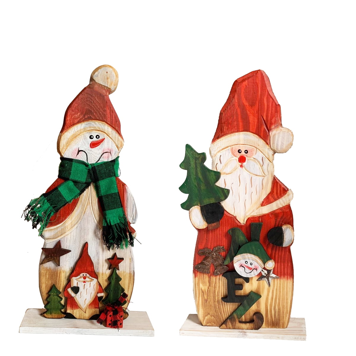Christmas Rustic Wood Standing Snowman & Santa Claus Figurines ...