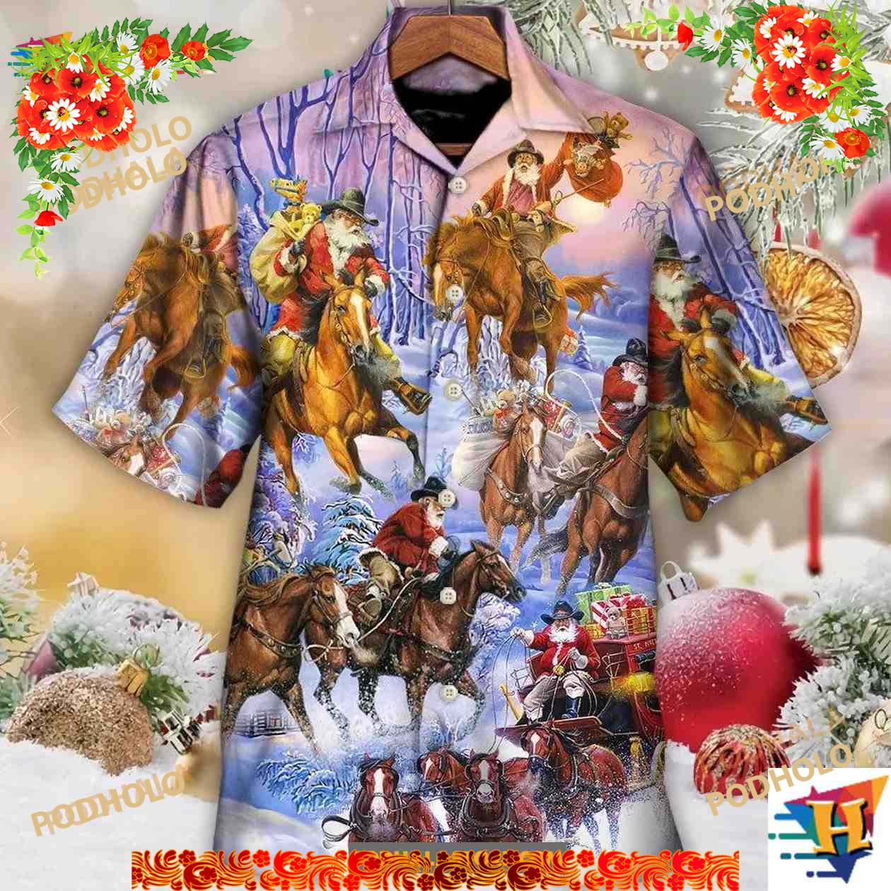 Christmas Santa And Horse Ho Ho Ho Everywhere Merry Xmas Hawaiian Shirt ...
