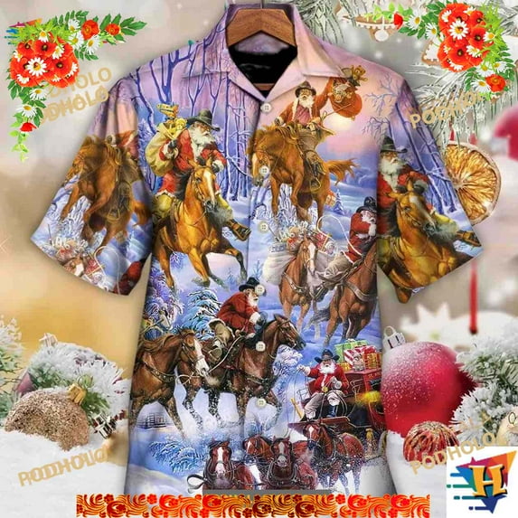 Christmas Santa And Horse Ho Ho Ho Everywhere Merry Xmas Hawaiian Shirt ...
