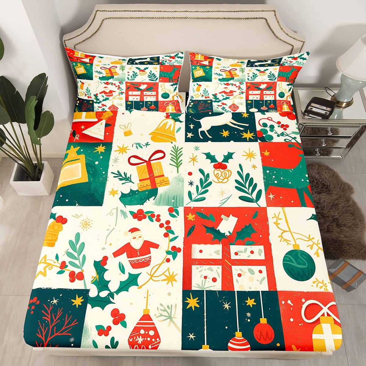 Christmas Santa Claus Fitted Sheet Queen Size,Christmas Tree Bells ...