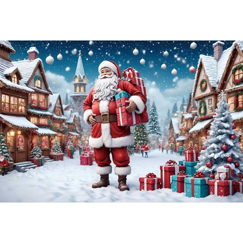 Christmas Santa Claus Gifts Backdrop Village Ball Trees Photo Studio Background Home ration ...