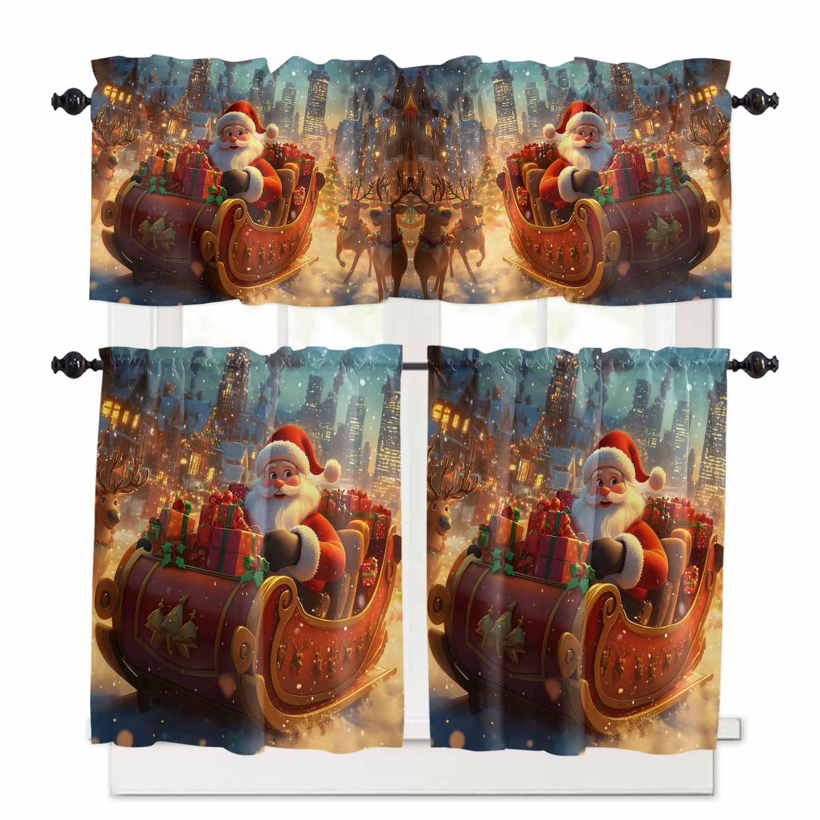 Christmas Santa Claus Kitchen Curtains Valances and Tiers Set of 3 ...