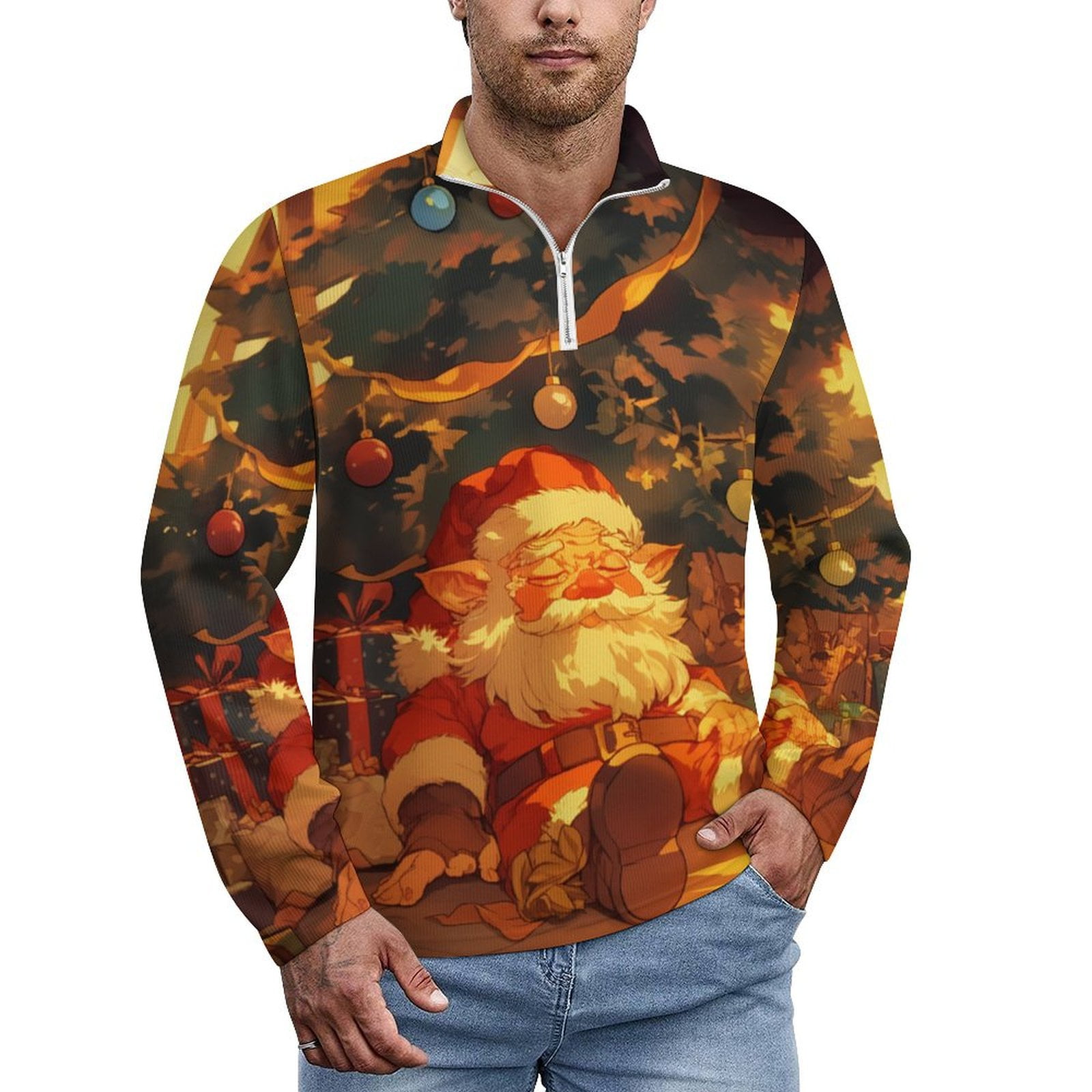 Christmas Santa Claus Men's Sweater Sports POLO Shirt Zip Pullover Mens ...