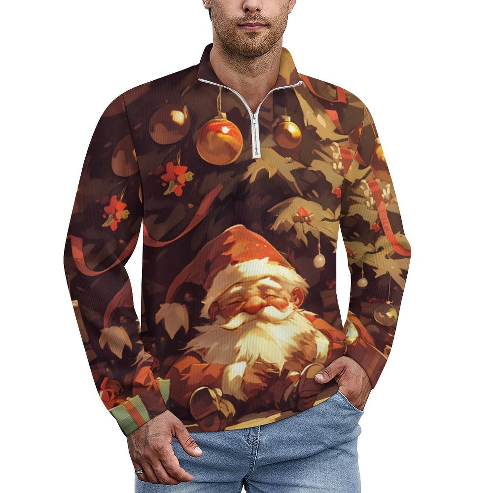 Christmas Santa Claus Men's Sweater Sports POLO Shirt Zip Pullover Mens ...