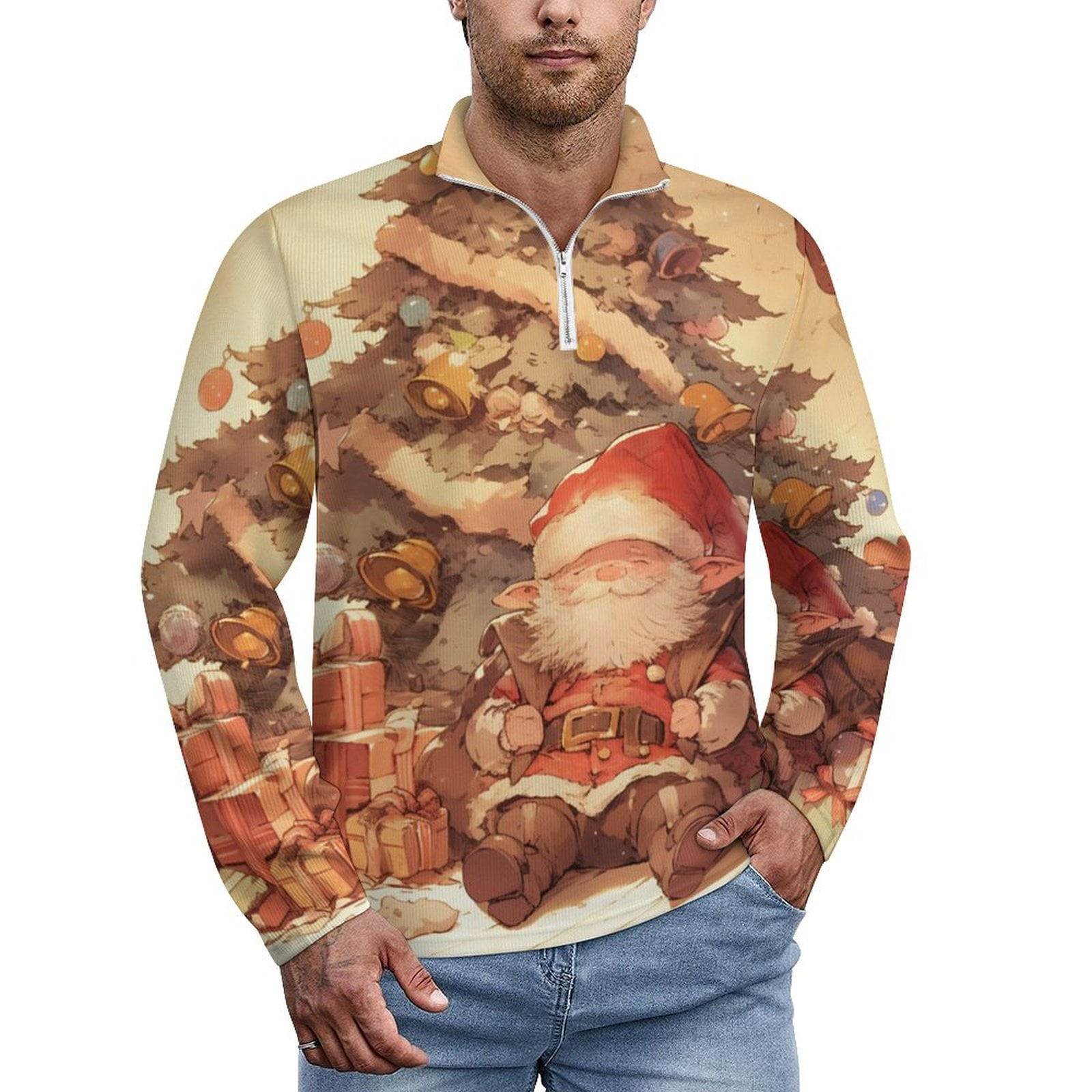 Christmas Santa Claus Men's Sweater Sports POLO Shirt Zip Pullover Mens ...